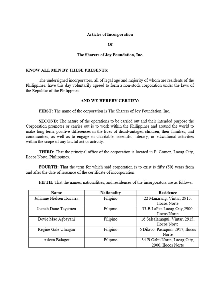 Articles of Incorporation | PDF | Business Law | Justice