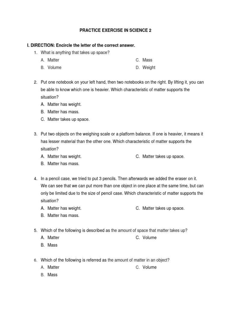 Practice Exercise in Science | PDF | Weight | Liquids