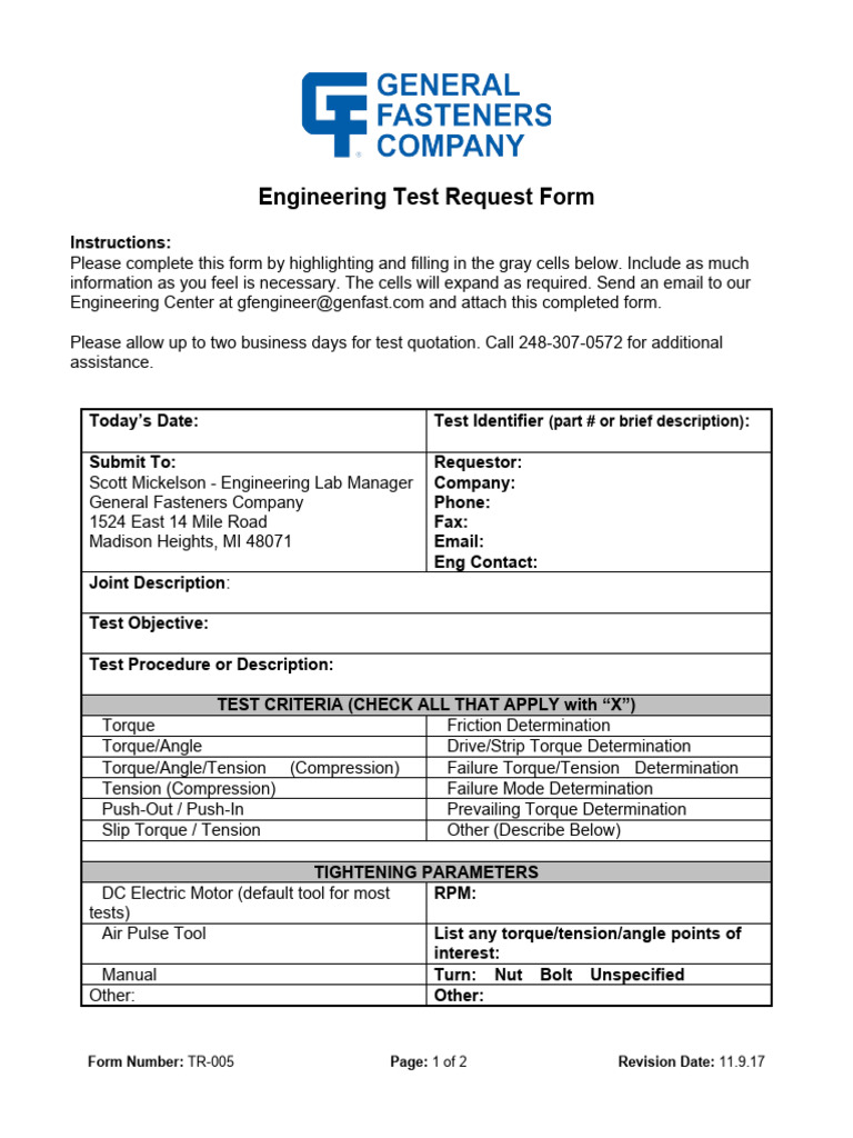 Engineering Test Request Form | PDF | Manufactured Goods | Mechanical ...