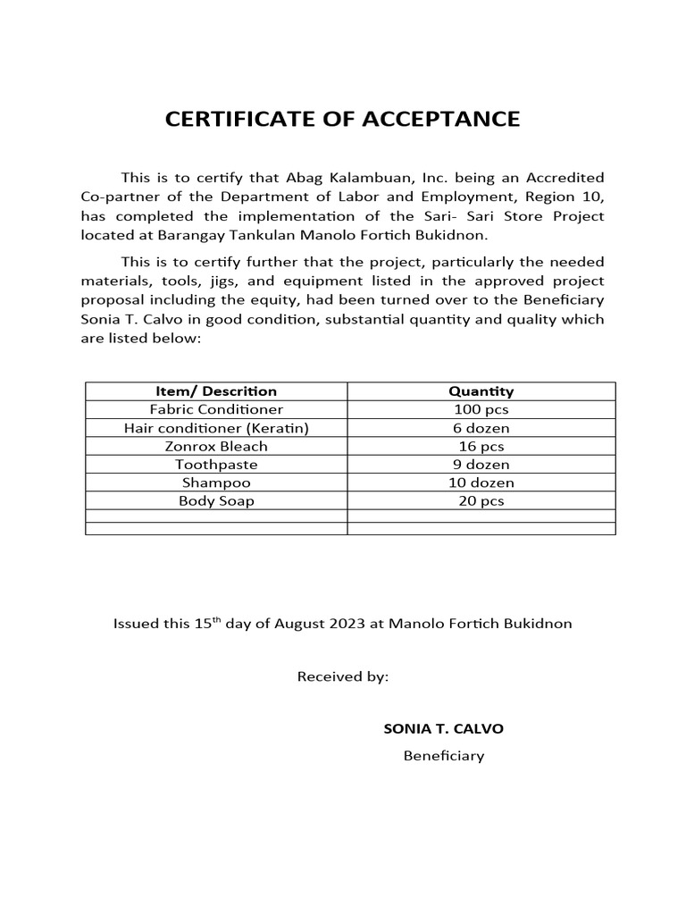 Certificate of Acceptance | PDF