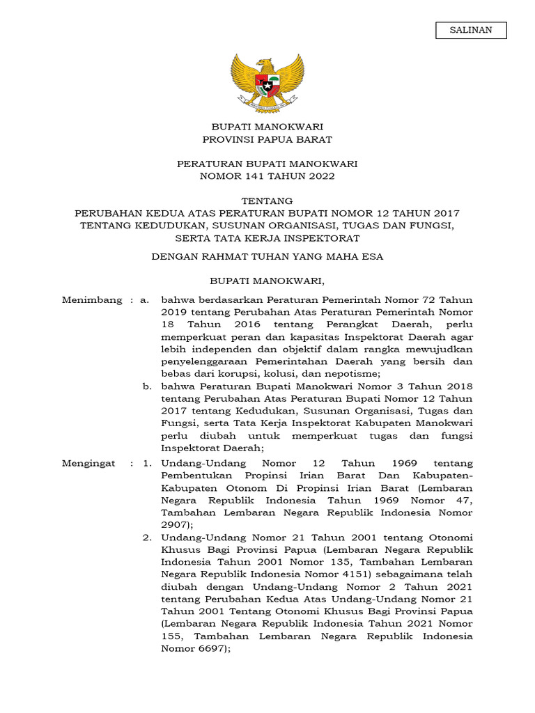 PERBUP 141 SOTK Inspektorat Kab - Manokwari | PDF