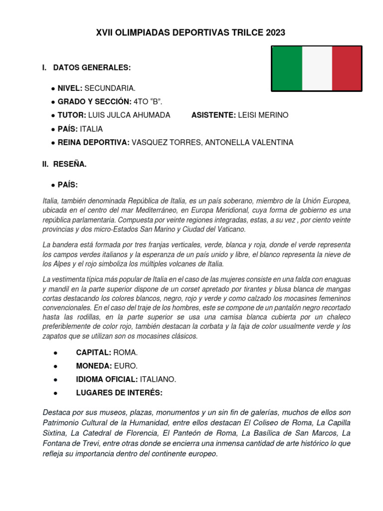 Ficha Resumen Olimpiadas 2023 - Italia 4to B | PDF | Historia