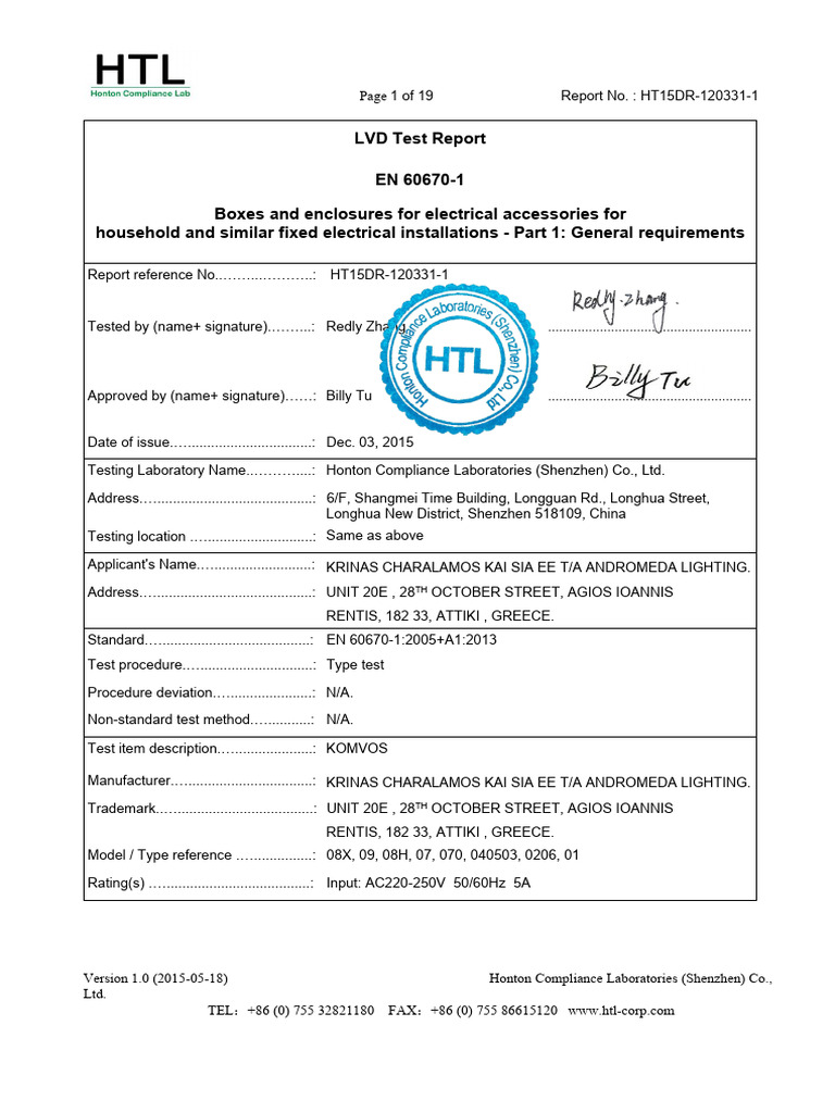 HT15DR-120331-1 EN 60670 Report | PDF | Materials | Applied And ...