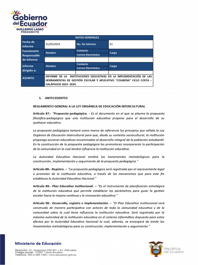 ##Modelo de Formato para El Informe | PDF | Institución | Maestros