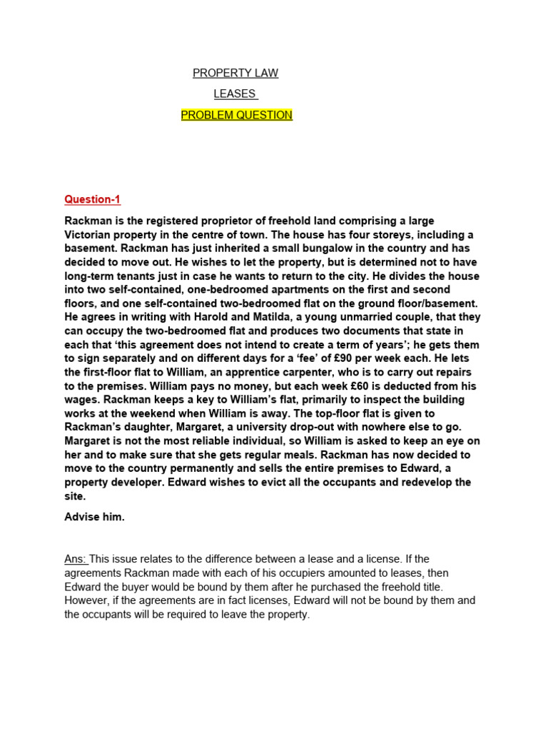 Leases PQ Solving (Property Law) | PDF | Leasehold Estate | Lease