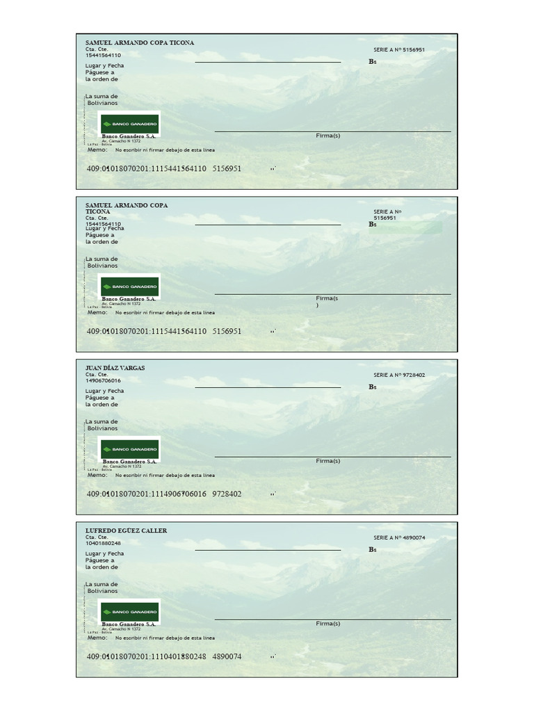 Cheques del Banco Ganadero en Bolivia | PDF