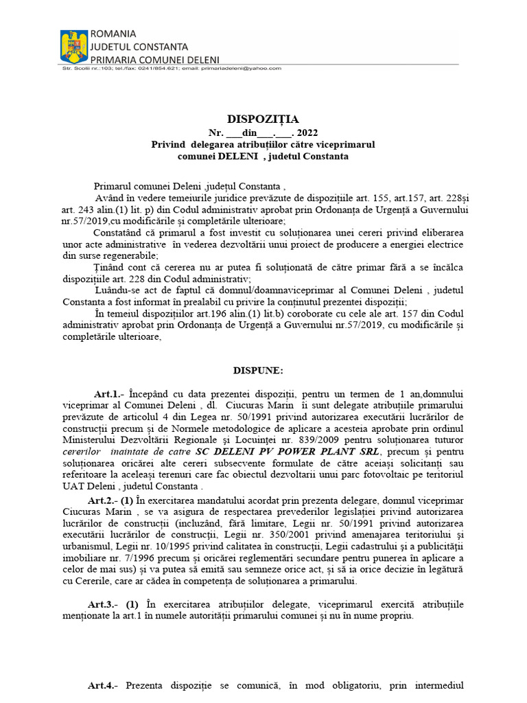 Dispozitie Delegare - Atributii Viceprimar | PDF