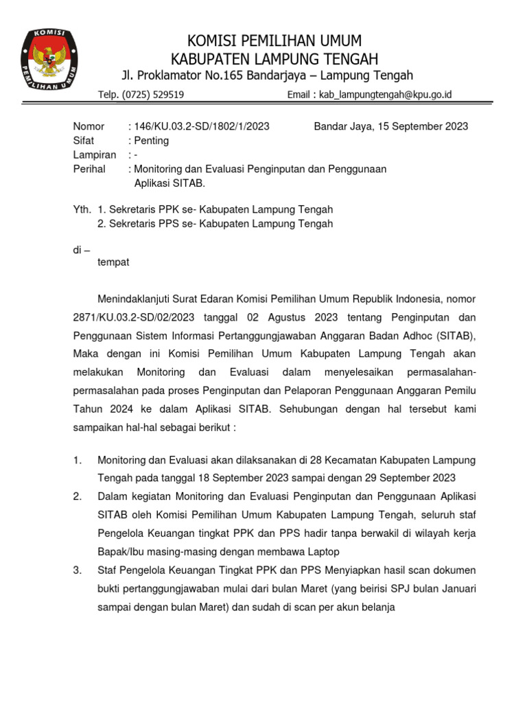 Surat Monitoring dan Evaluasi SITAB PPK,PPS | PDF