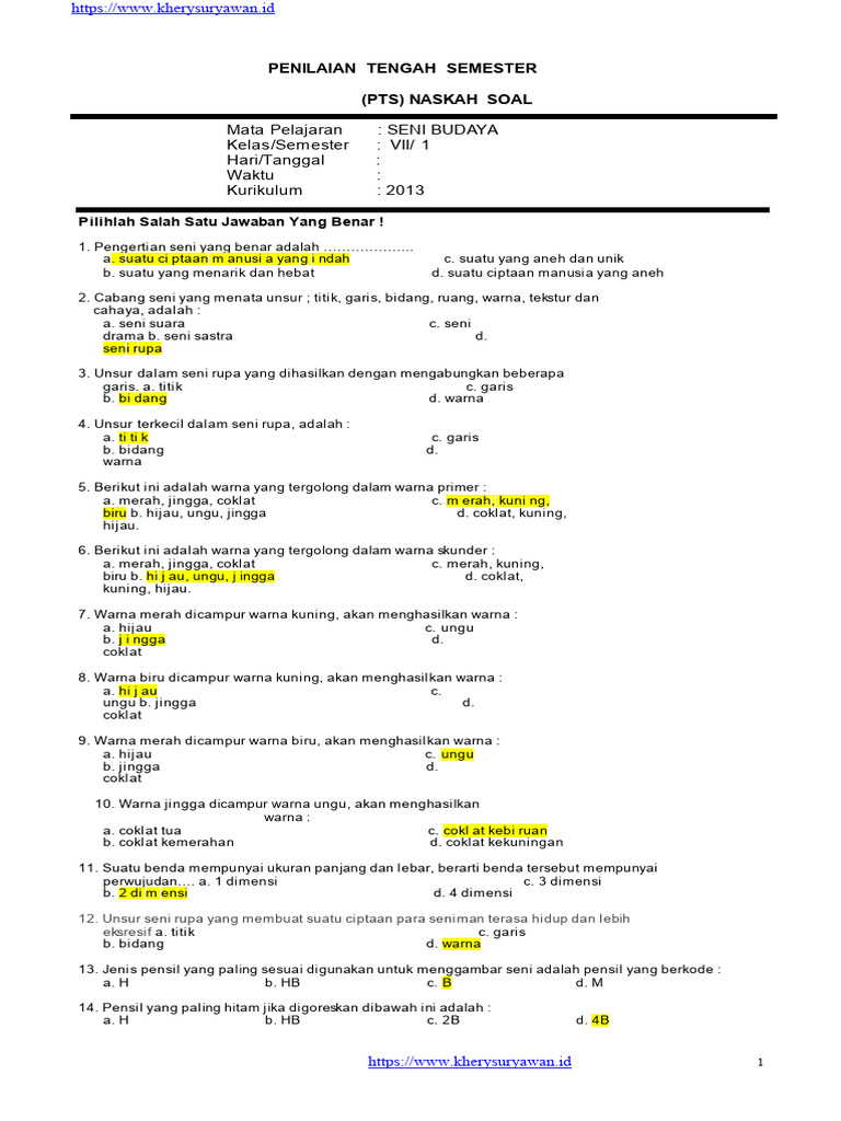 Soal PTS Seni Budaya Kelas VII | PDF