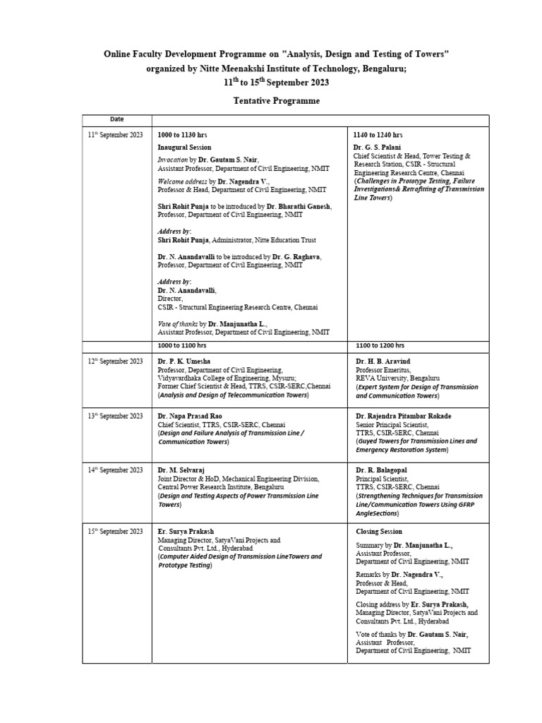 FDP Towers NMIT Sept 2023 - Final Program Schedule | PDF | Engineering