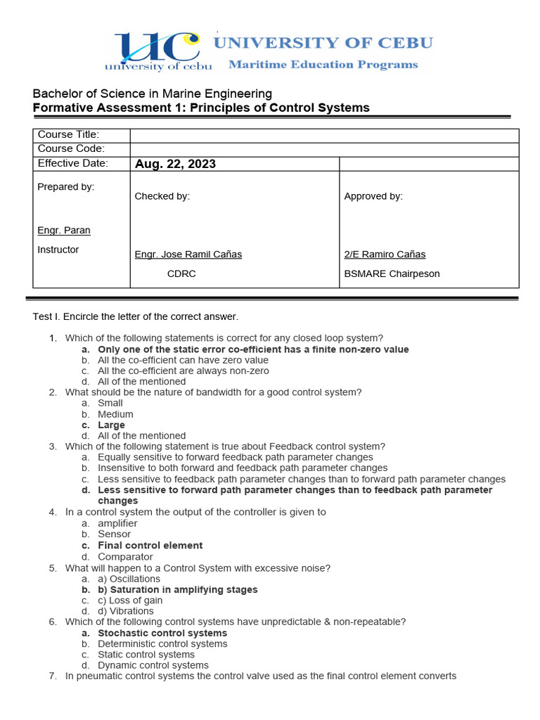 Auto1FA1 - Q1. Principles of Control Systems | PDF | Feedback | Negative Feedback