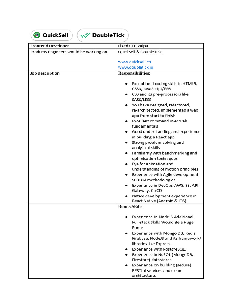 Frontend Developer for QuickSell & DoubleTick | PDF | Customer ...