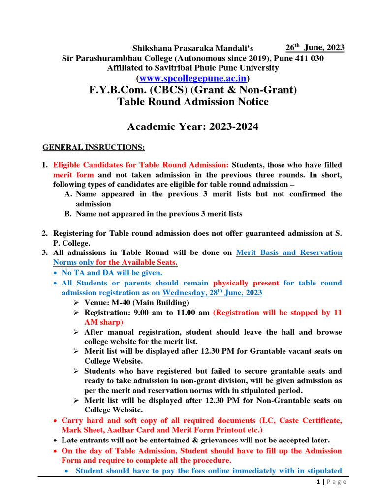 Fybcom Table Round Admission Notice 2023 24 | PDF | Online And Offline