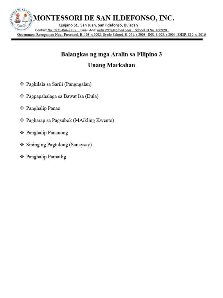 Balangkas-ng-mga-Aralin-sa-Filipino-3 | PDF