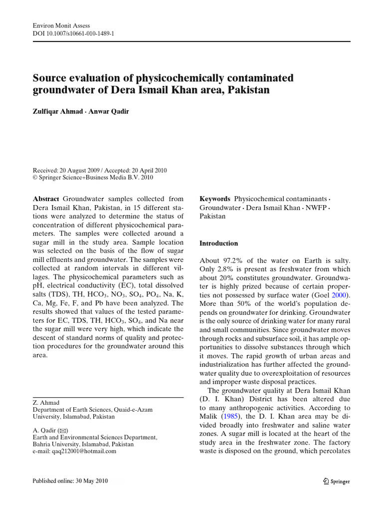 Source Evaluation of Physicochemically Contaminated Groundwater of Dera ...