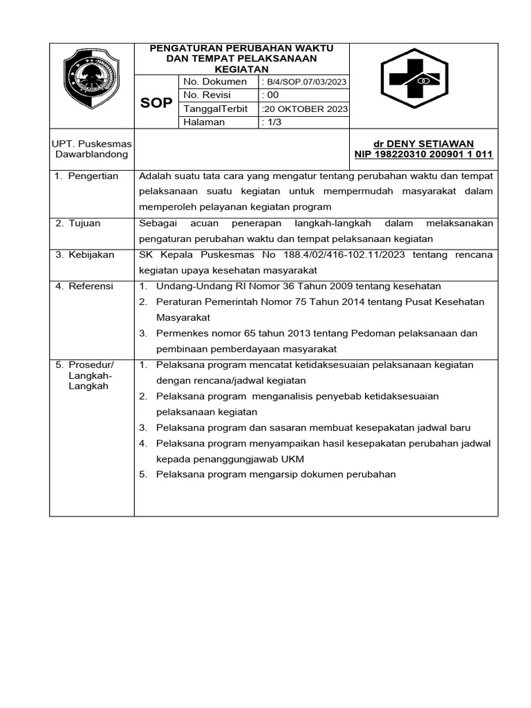 BAB 4.2.3.6 SOP Pengaturan Perubahan Waktu Dan Tempat | PDF