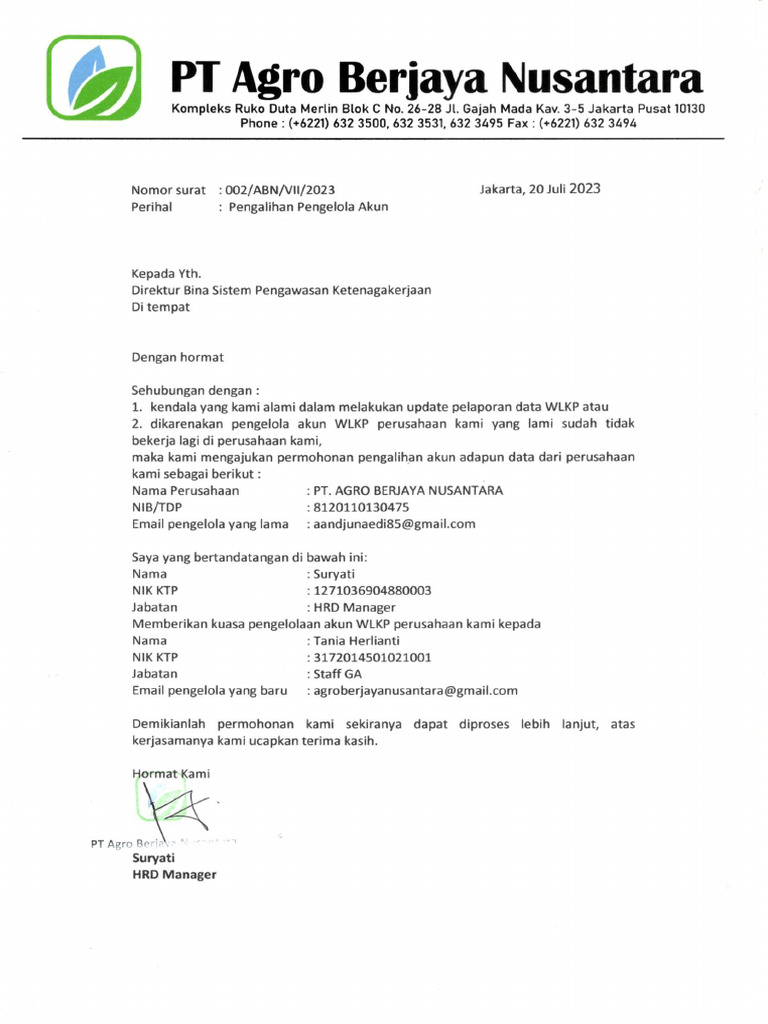 Surat Pengalihan Akun WLK PT. ABN | PDF