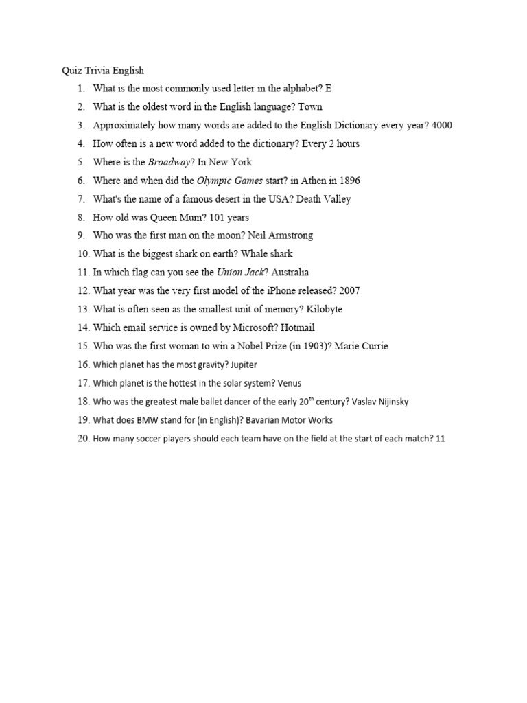 English Trivia Quiz Questions | PDF