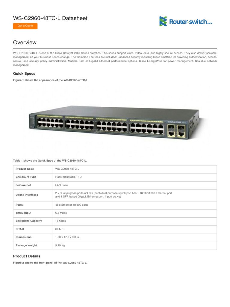 Ws c2960 48tc L Datasheet | PDF | Ethernet | Network Switch
