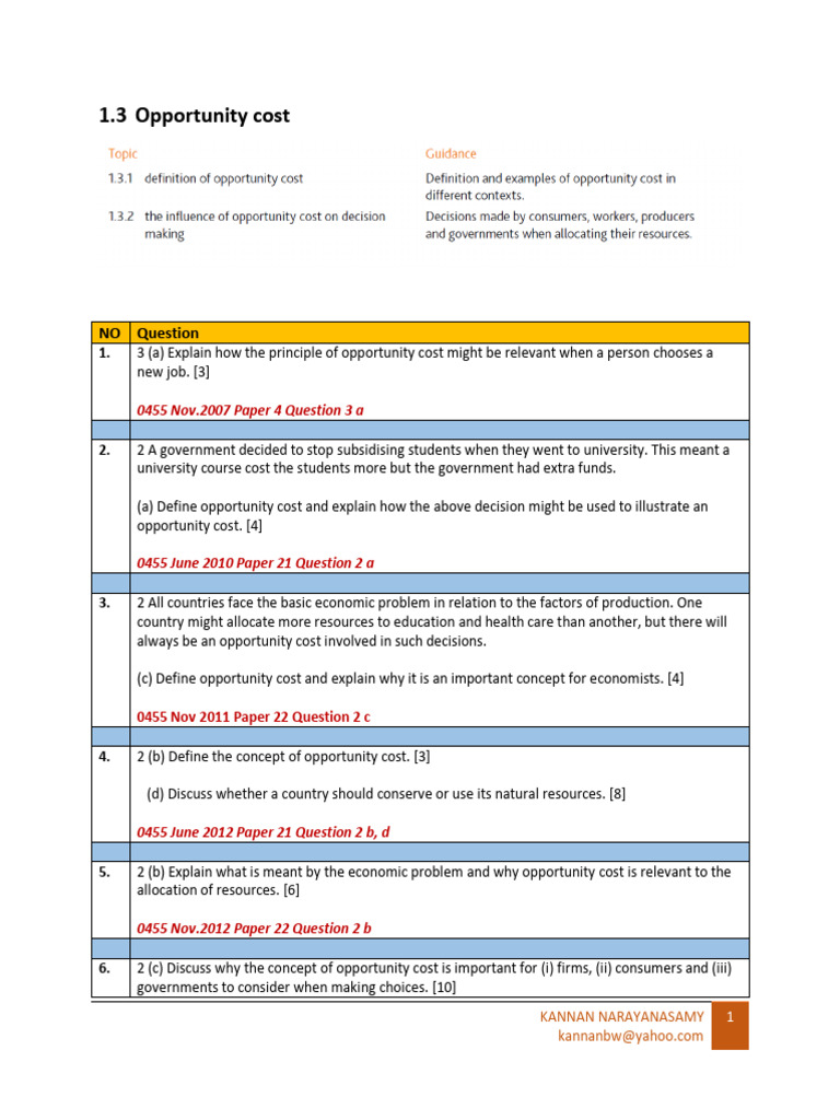 1.3 Opportunity Cost | PDF | Opportunity Cost | Economics