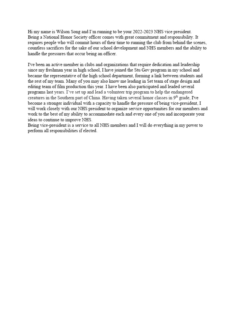 NHS Vice President Campaign Speech | PDF | Social Science | Wellness