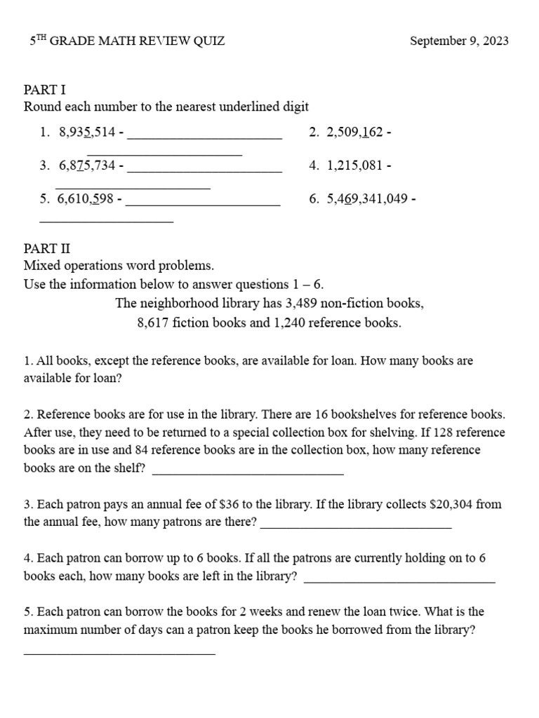 5th Grade Math Review Quiz | PDF | Money
