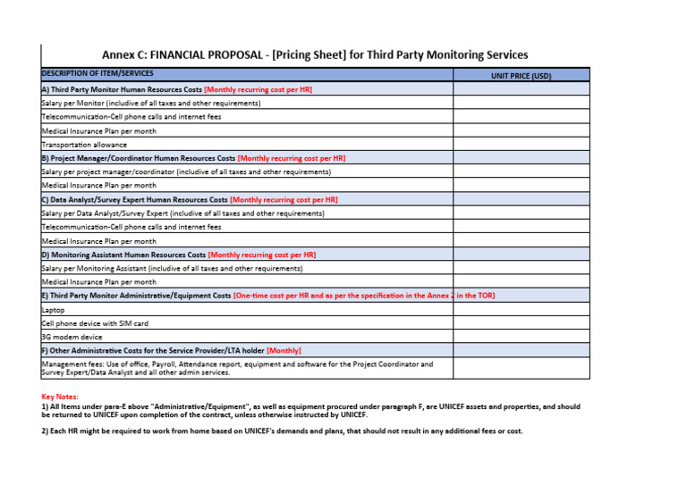 UNICEF Financial Proposal for Monitoring Services | PDF | Finance ...