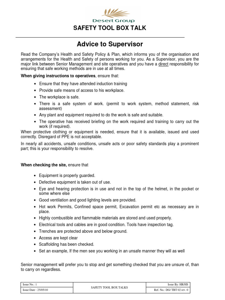 Advice To Supervisors | PDF | Occupational Safety And Health | Personal ...