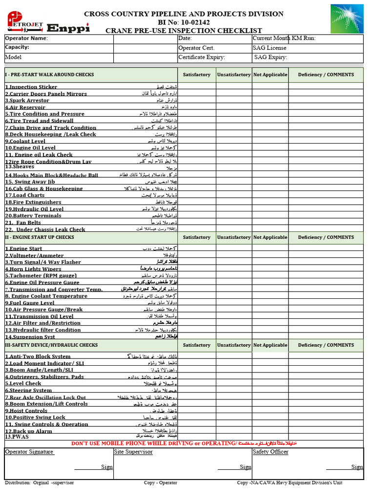 Crane Pre-Use Inspection Checklist | PDF