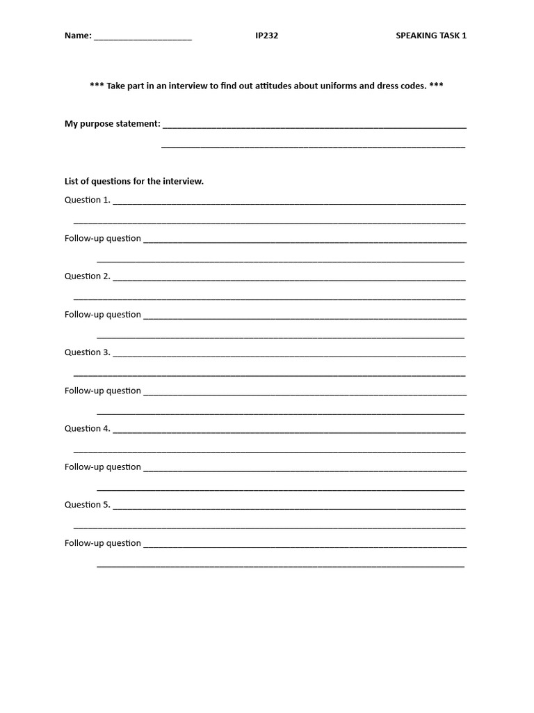 สำเนา IP232 Speaking Task 1 Interview Purpose and Questions | PDF