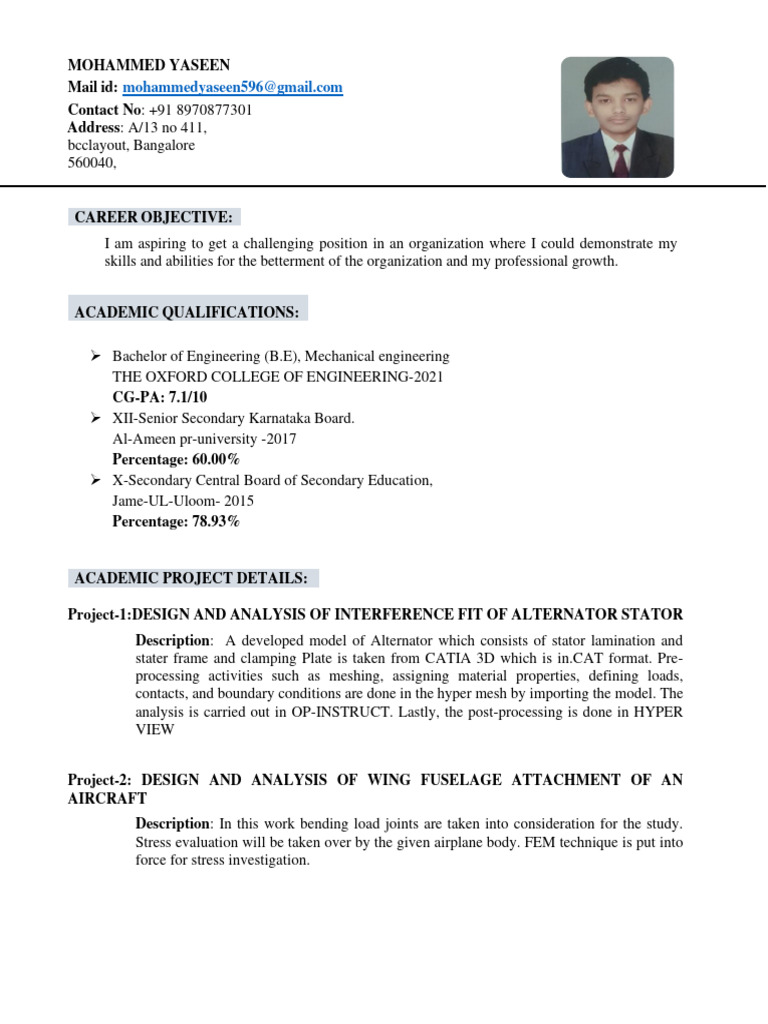 Yaseen Resume | PDF | Mechanical Engineering | Engineering