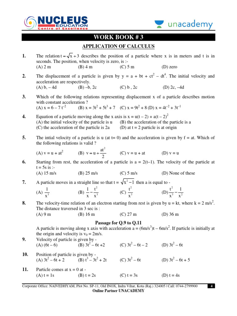 Work Book # 3: Application of Calculus | PDF | Acceleration | Velocity