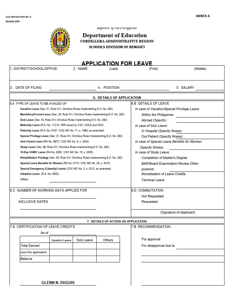 CS Form 6 - APPLICATION FOR LEAVE - Rev.2020.2 | PDF | Parental Leave ...