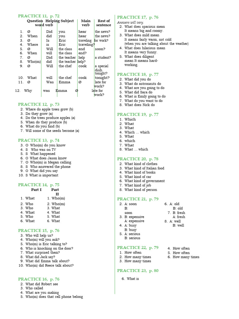 Workbook Answer) Grammar p.72-78 | PDF
