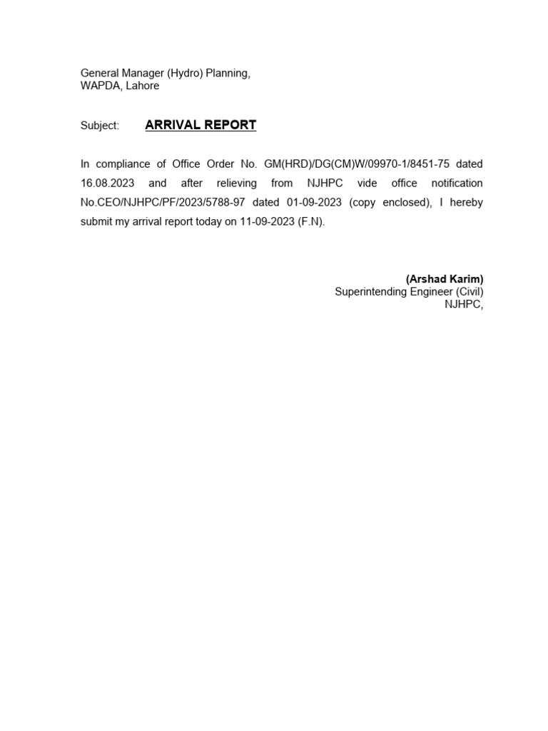 Arrival Report Arshad Karim | PDF