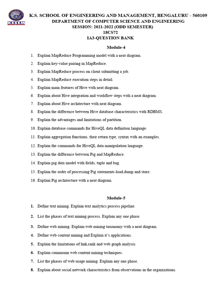 18CS72-BDA Question Bank of Third Internal Syllabus | PDF | Technology & Engineering
