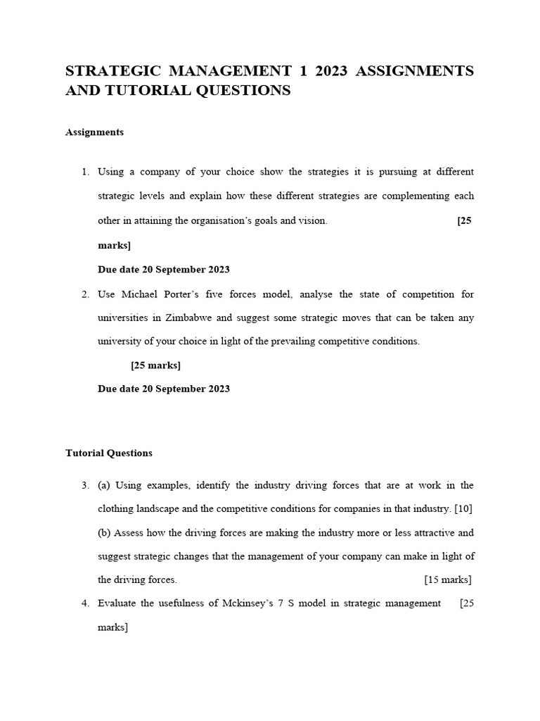 STRATEGIC MANAGEMENT 2023 Assignments and TUTORIAL QUESTIONS | PDF ...