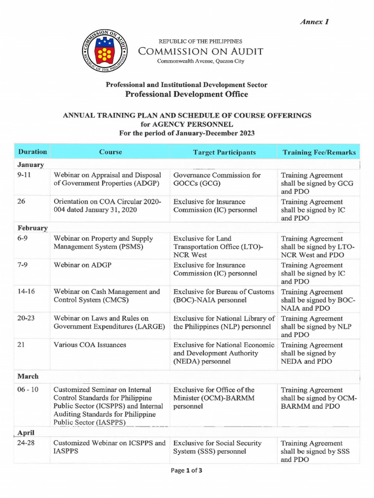Annual Training Plan and Schedule of Course Offerings For Agency ...