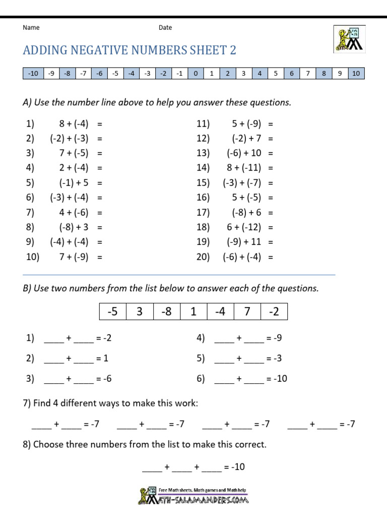 Adding Negative Numbers Worksheet | PDF | Game Shows