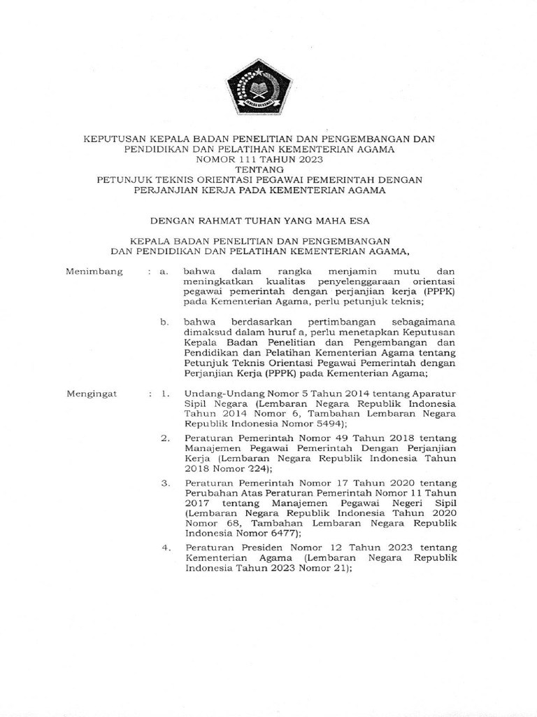 SK Juknis Orientasi PPPK Tahun 2023 | PDF