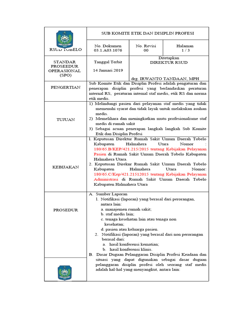 Standar Prosedur Etik RSUD Tobelo | PDF