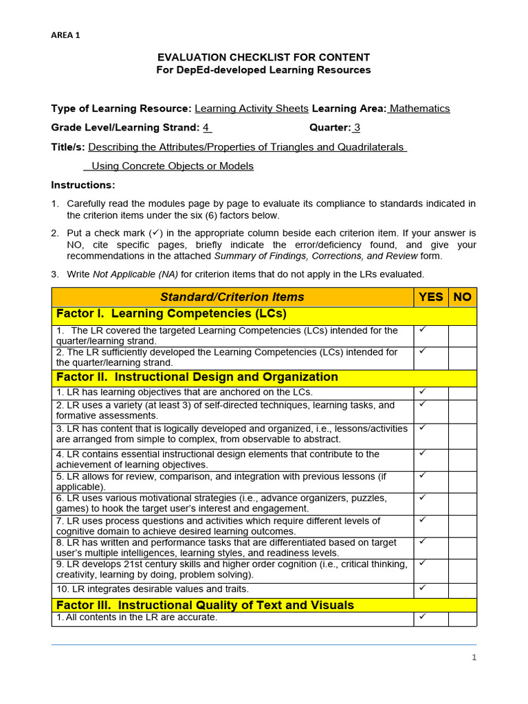 Content Evaluation Checklist | PDF | Educational Assessment | Learning
