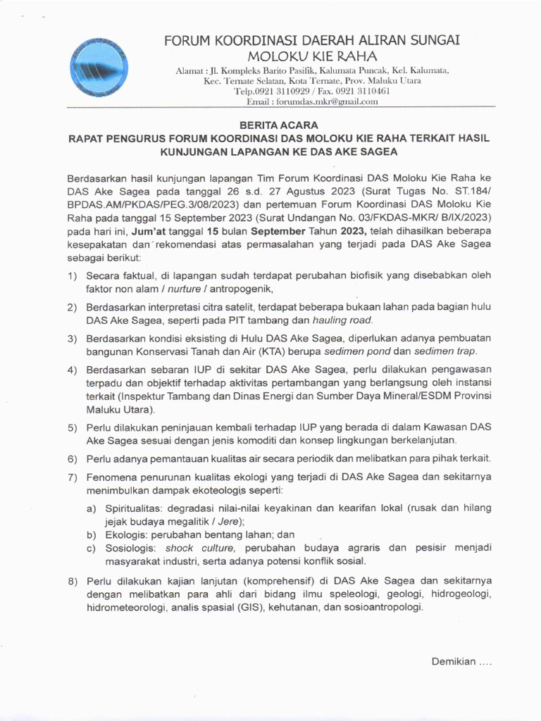 Berita Acara - Hasil Kunjungan Lapangan DAS Ake Sagea | PDF