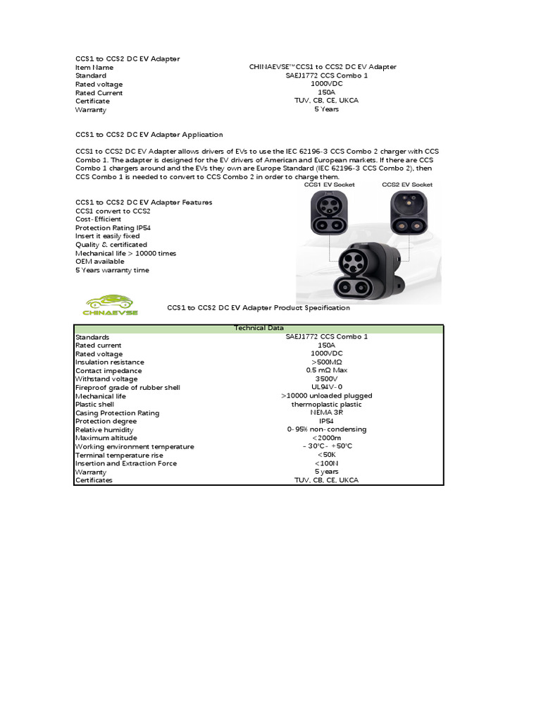 CCS1 To CCS2 DC EV Adapter Description | PDF | Power Engineering ...