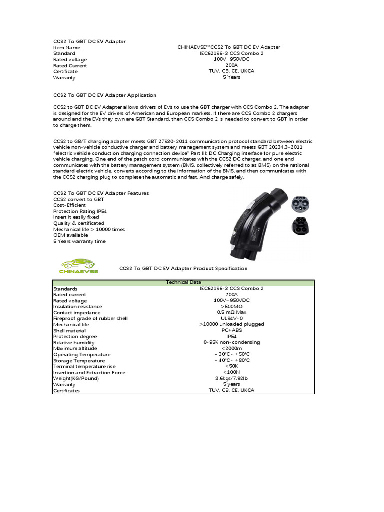 CCS2 To GBT DC EV Adapter Description | PDF | Battery Charger | Computer Engineering
