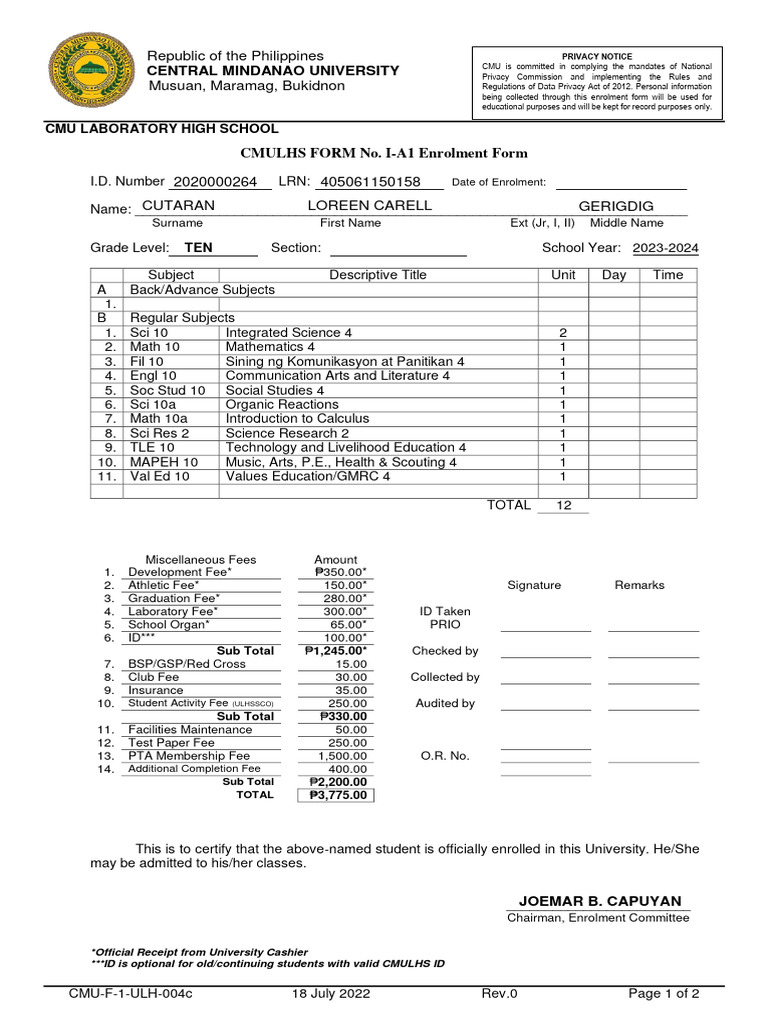 CUTARAN G10 Enrolment Form | PDF