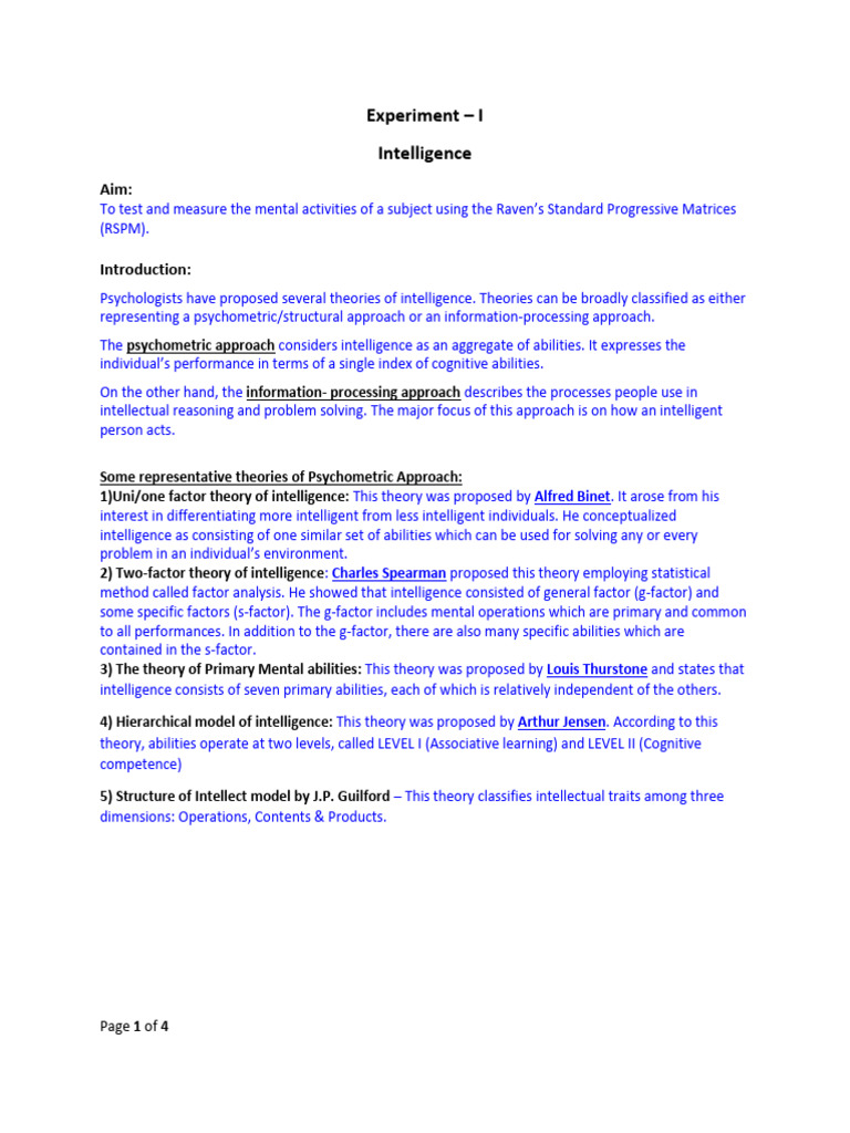 Experiment 1 Intelligence PDF Psych Class 12 | PDF | Intelligence Quotient | Intelligence