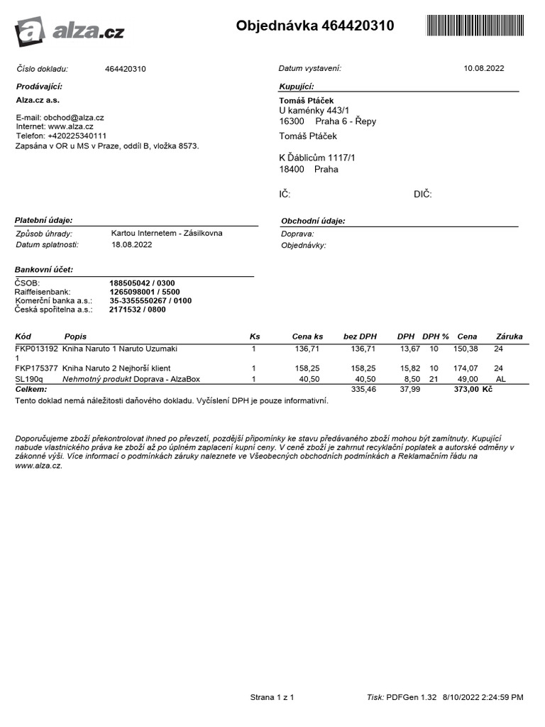 Objednávka: Tomáš Ptáček Alza - CZ A.S | PDF