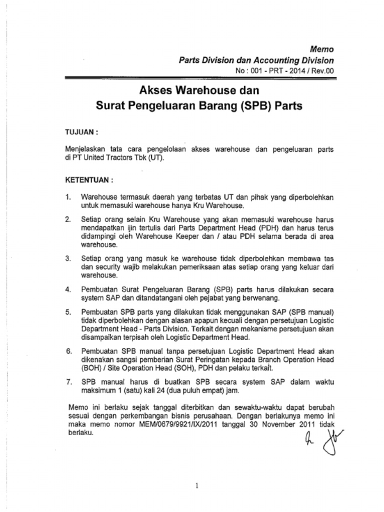 Memo Akses Warehouse Dan Surat Pengeluaran Barang (SPB) Parts | PDF