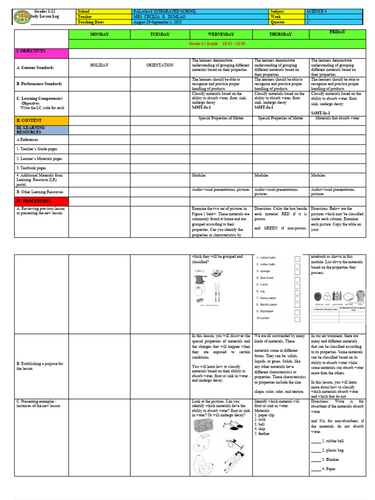 Grade 4 Science Lesson Plan | PDF | Density | Porosity
